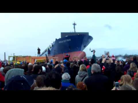 Launching container-vessel "Frisia Cottbus" - last launching german shipyard "Nordseewerke" in Emden