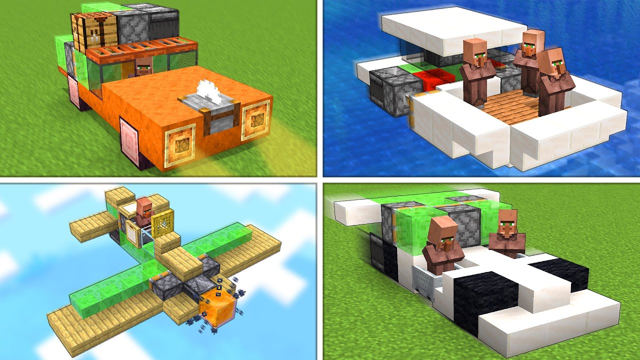 7 Working Vehicle Build Hacks in MINECRAFT ( Land, Water, Air ) *Redstone Tutorial* - Minecraft ...