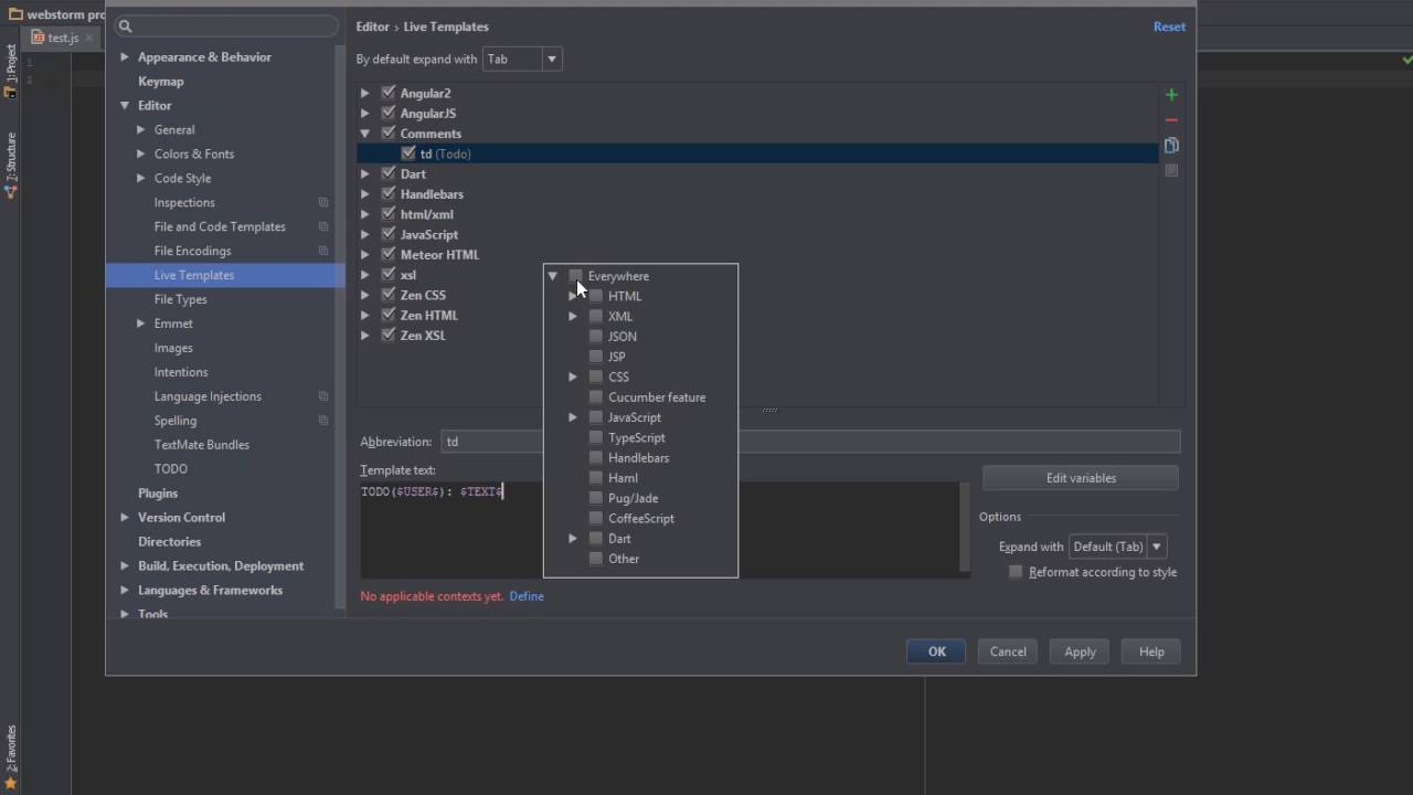 WebStorm. TODO Comments. Creating live template