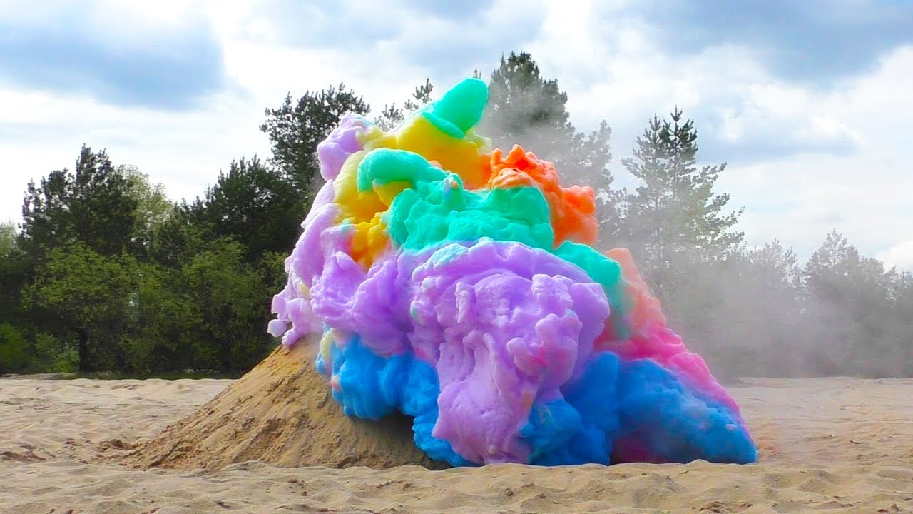 Experiment: Rainbow Volcano Foam Eruption from Mentos VS Coca Cola, Pepsi, Fanta, Sprite, Mirinda