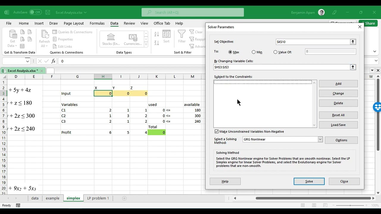 4. Simplex Method using Excel - part 1