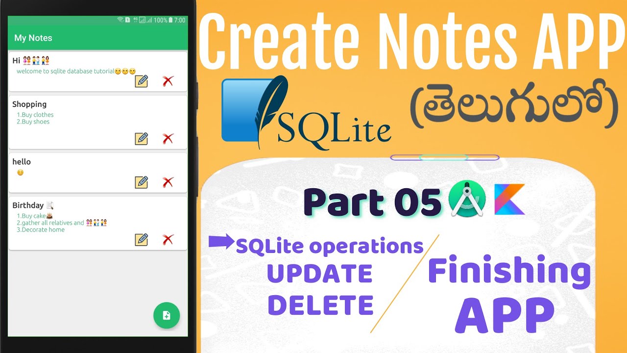Android Note App Tutorial - Update & Delete Operations  | Part 5 | SQLite | Android Studio | Kotlin