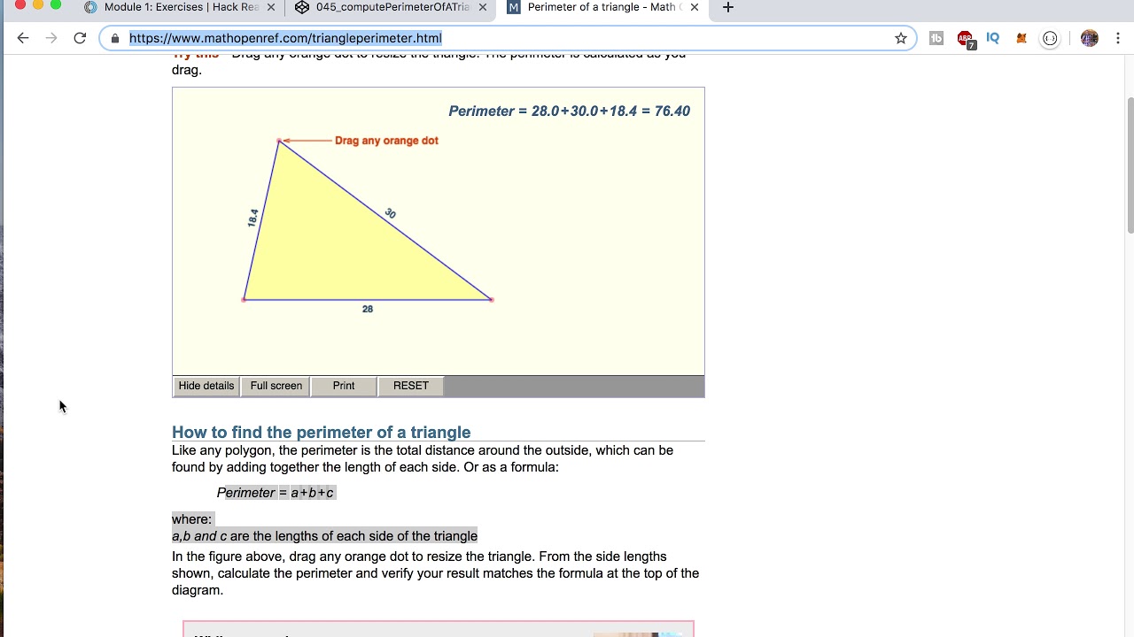 JavaScript Exercises | Hack Reactor's Bootcamp Prep | Module 1 | 045_computePerimeterOfATriangle