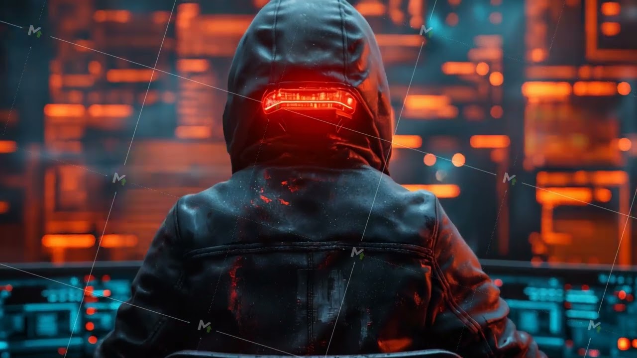 A cybersecurity hacker in a data center with a digital code overlay is depicted in the image