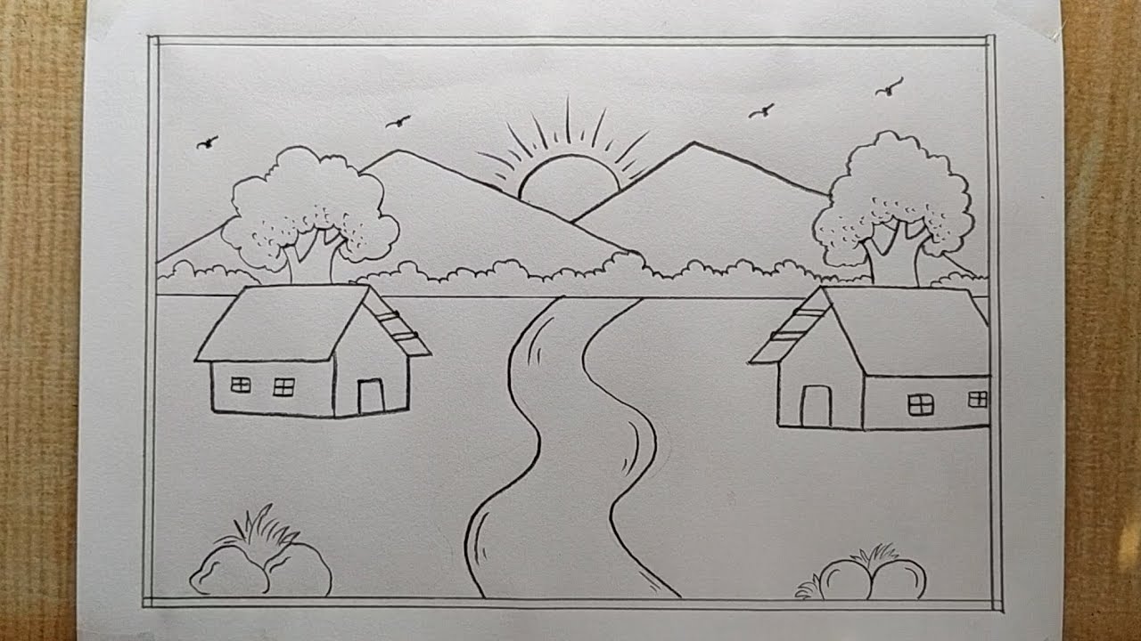 Easy scenery drawing with pencil| Village scenery drawing| Landscape scenery drawing| House scenery