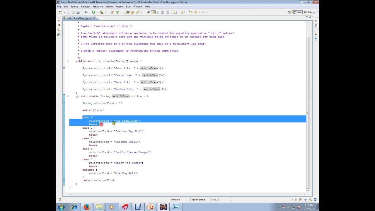 Explain switch case in Java Eclipse Demo