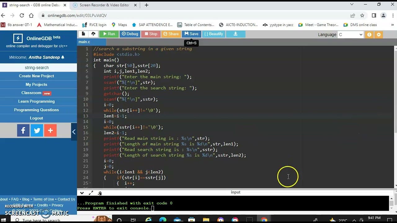 C program to Search a substring in a main string