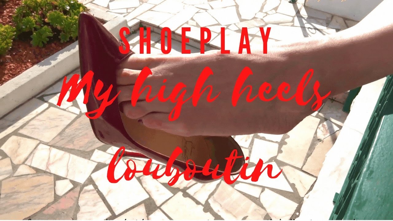 Shoeplay high heels louboutin, beautiful long toes, toecleavage, ultra close up view