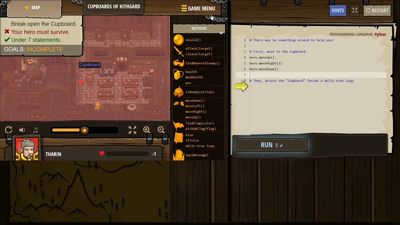Code Combat PYTHON Level CUPBOARDS OF KITHGARD, Arguments, Basic Syntax, Strings, While Loops