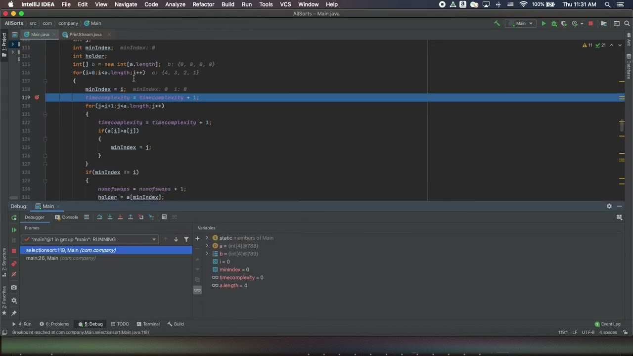 Selection Sort algorithm implementation in Java, time and space complexity explained