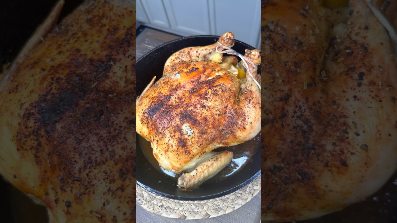 Roast Whole Chicken 🐓. Click 3 dots on top right for recipe #Cast-ironRecipes #roastchicken