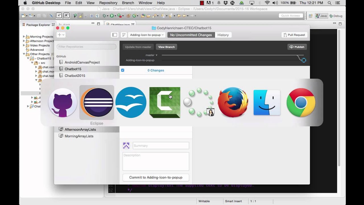 Using github to branch off and merge a Java project (older version of github)