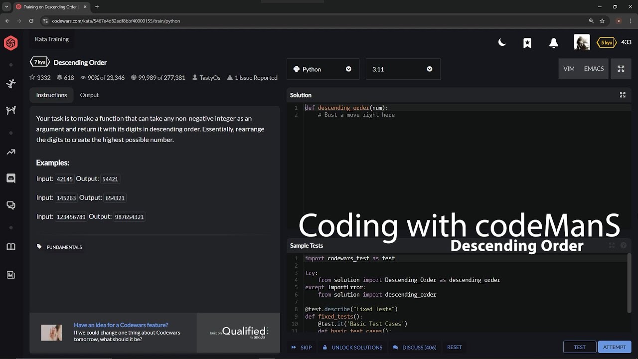 Codewars: Python | 7 kyu | Descending Order