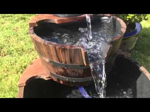 2 Tier Barrel Garden Water Feature with Traditional Hand Pump