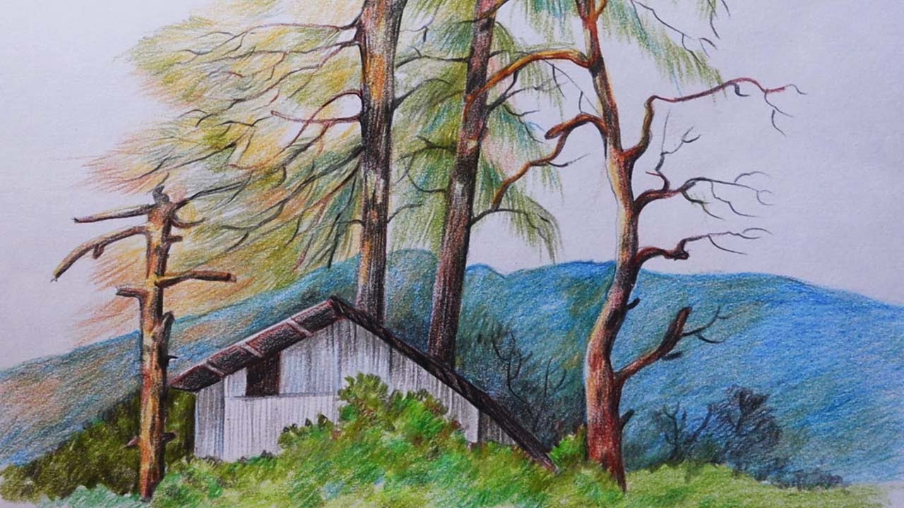 Drawing a Mountain Scenery | Colour pencil drawing | easy scenery drawing