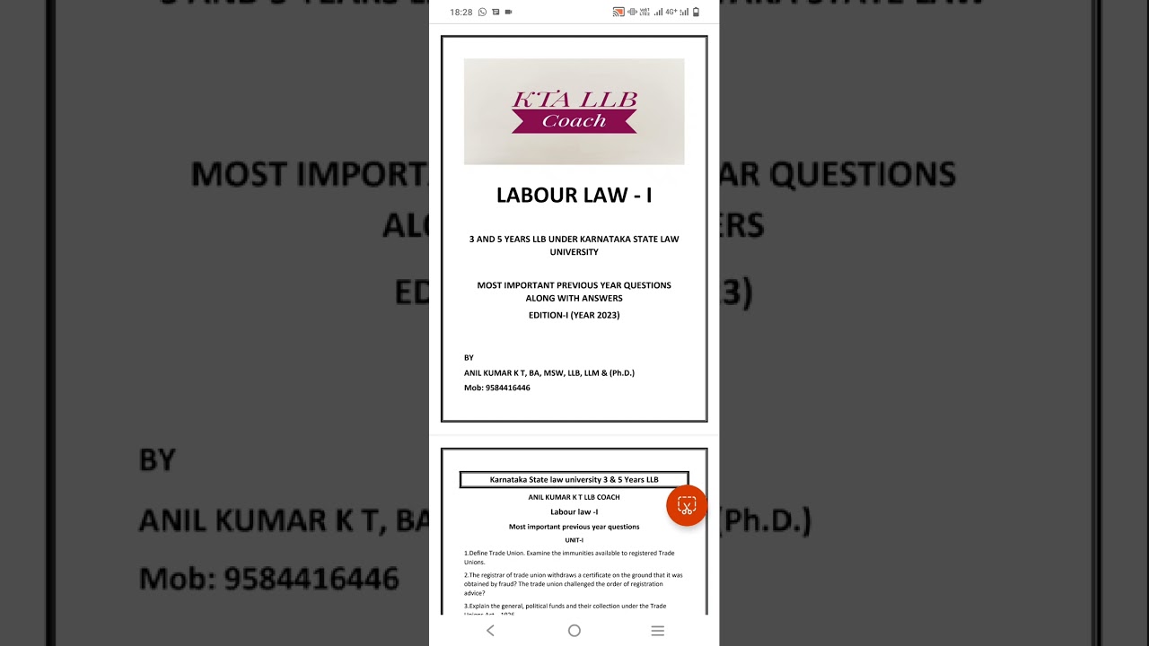 KSLU New Edition-I 2023 LLB Labour Law -I notes contact 9739531166