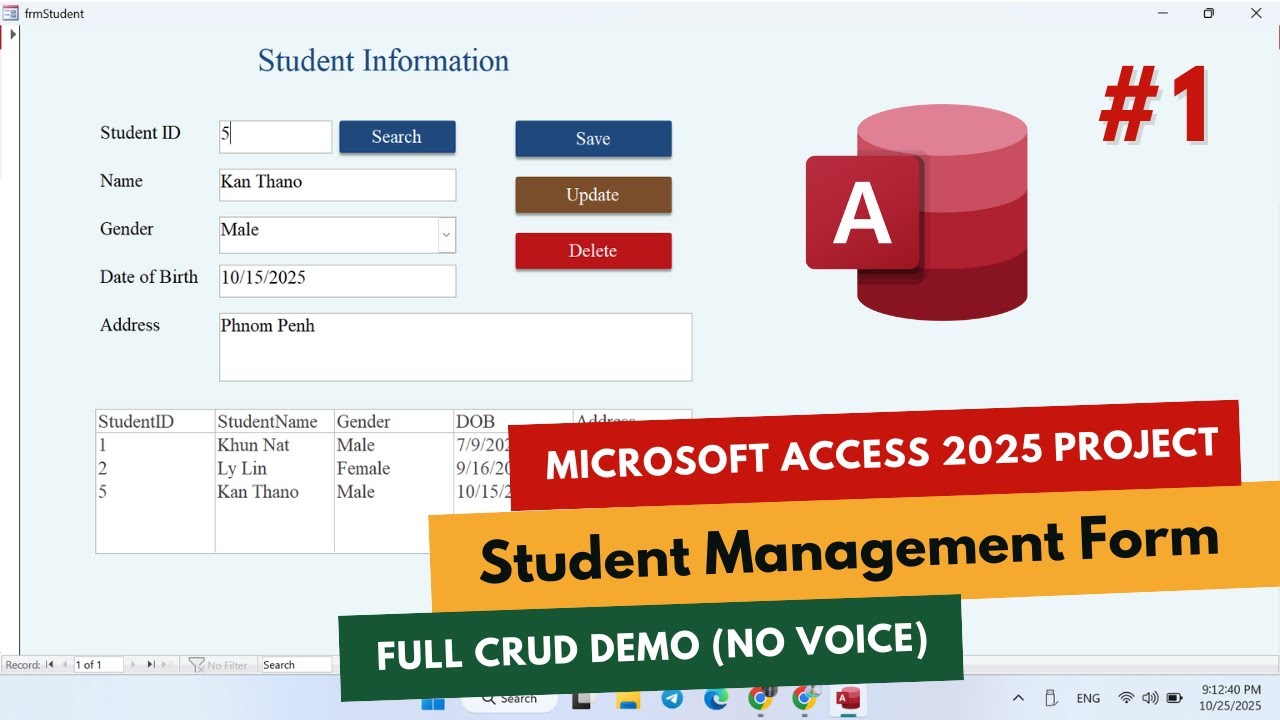 Microsoft Access Student Management System (No Voice) | Save, Search, Update, Delete Form 2025
