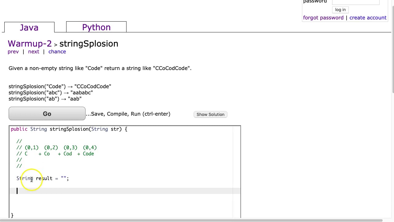 Codingbat - stringSplosion (Java)