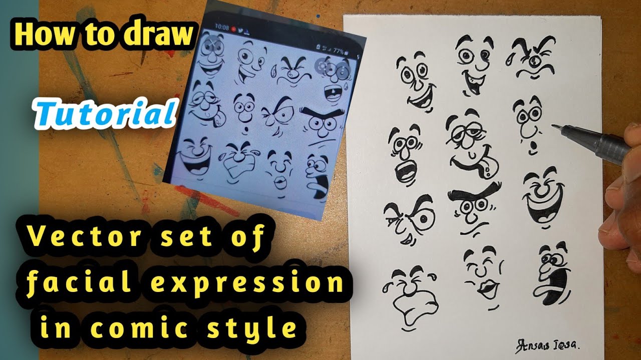 Draw Vector set of facial expression in comic style/tutorial