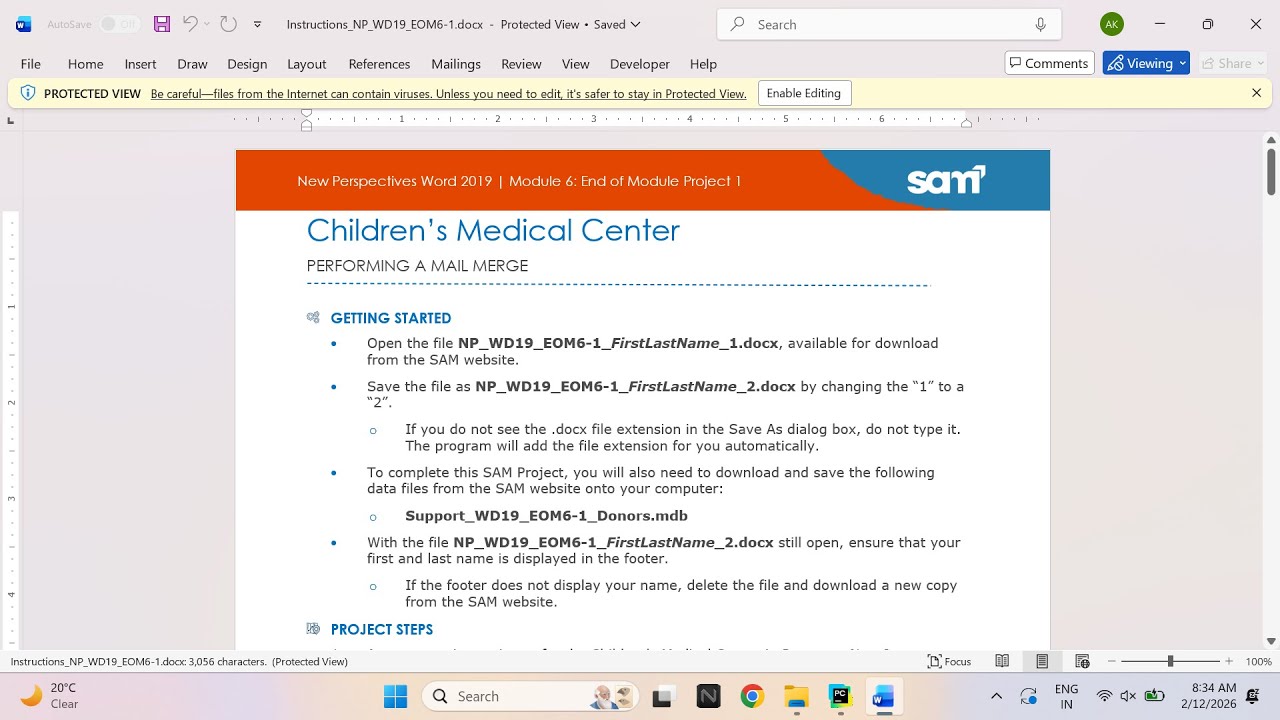 New Perspectives Word 2019 | Module 6: End of Module Project 1 Children’s Medical Center