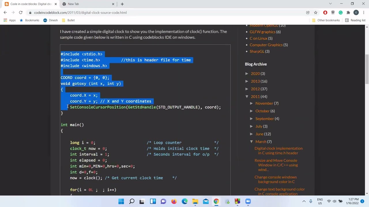 Digital clock implementation in C using time header