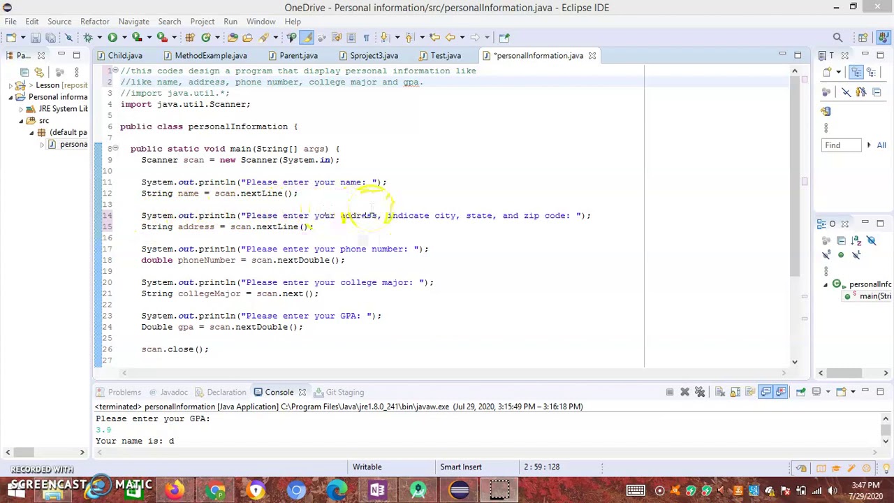 Programing exercise # 1 Personal Information with java.
