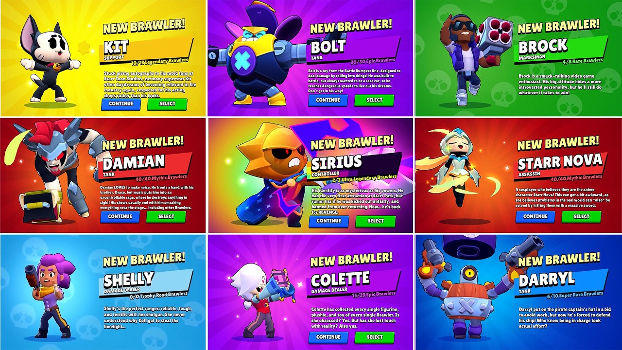 ALL 104 BRAWLER UNLOCK ANIMATIONS | DAMIAN, STARR NOVA, BOLT & more ...