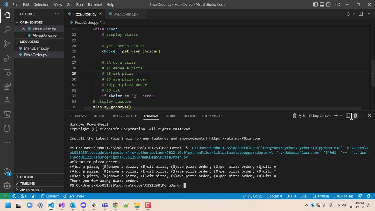 Python Pizza Order Menu Program Example