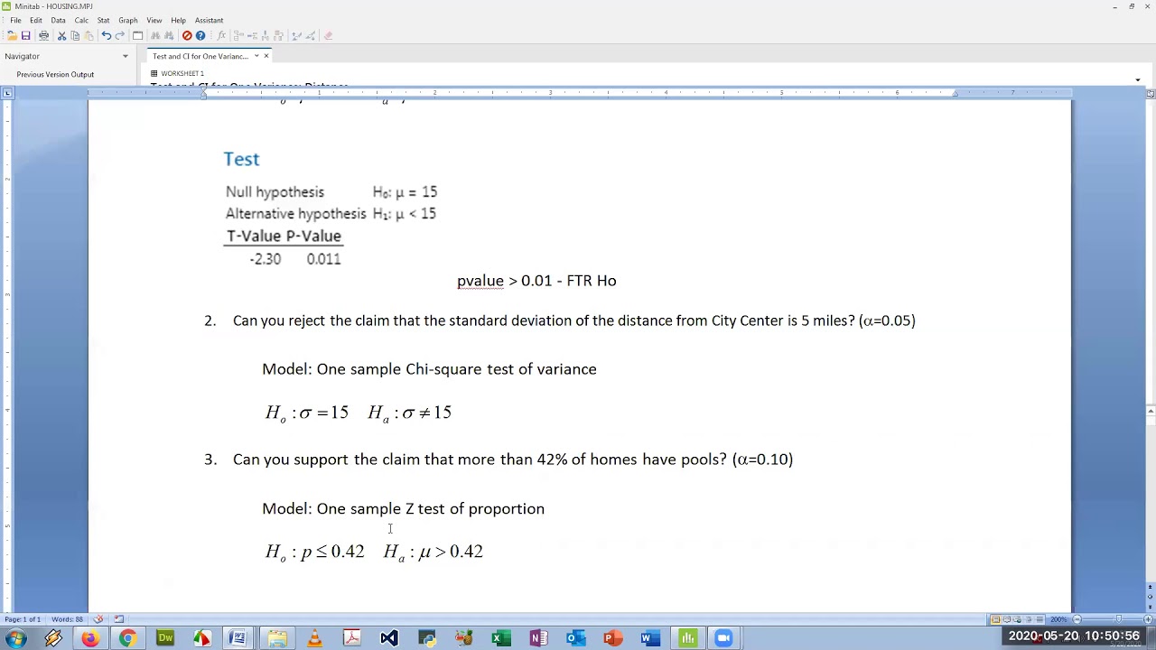Hypothesis testing in Minitab