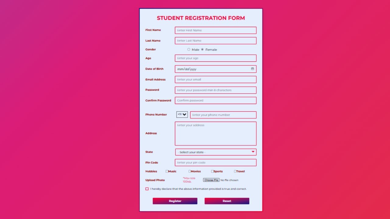 Student Registration Form || Using HTML CSS JAVASCRIPT || Full Source Code