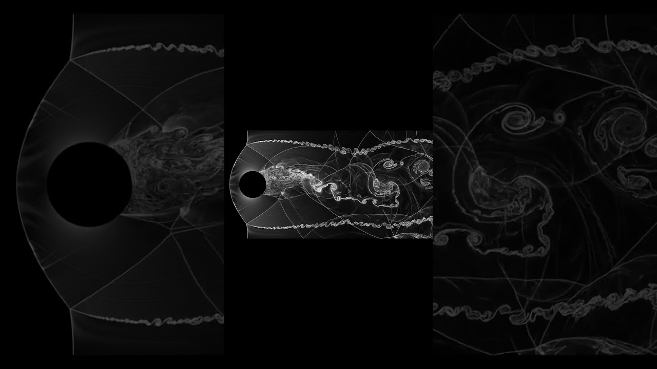 Play with code: https://github.com/conservation-laws/ryujin  Supersonic flow around cylinder (Mach 3