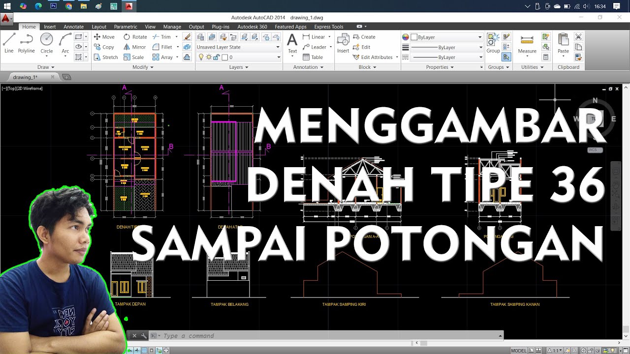 AutoCAD Tutorial - Menggambar Denah Tipe 36 Sampai Dengan Potongan | Belajar 3 Jam Bisa Buat Rumah