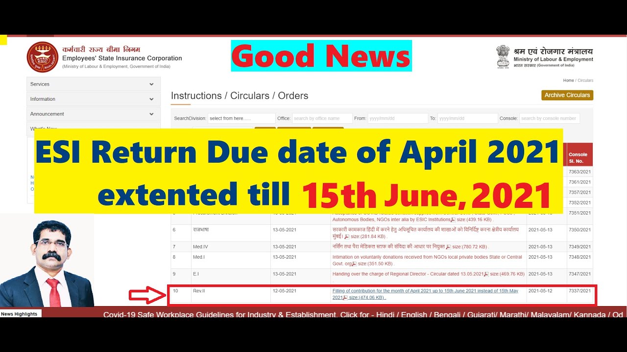 ESIC Latest notification May 2021 | ESI April 21 payment date extended ...