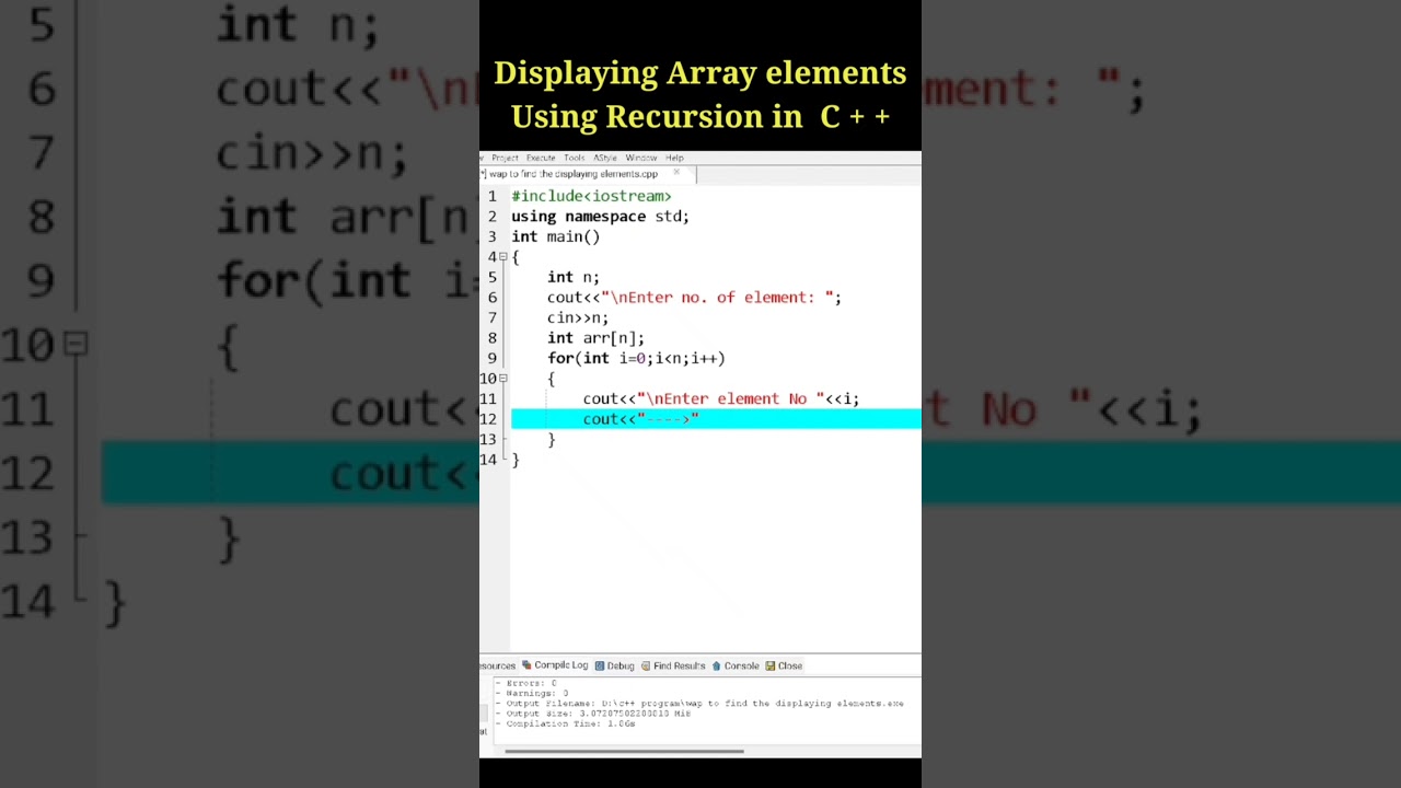 Displaying array elements using Recursion in C ++ #shorts #coding #youtubeshorts #recursion