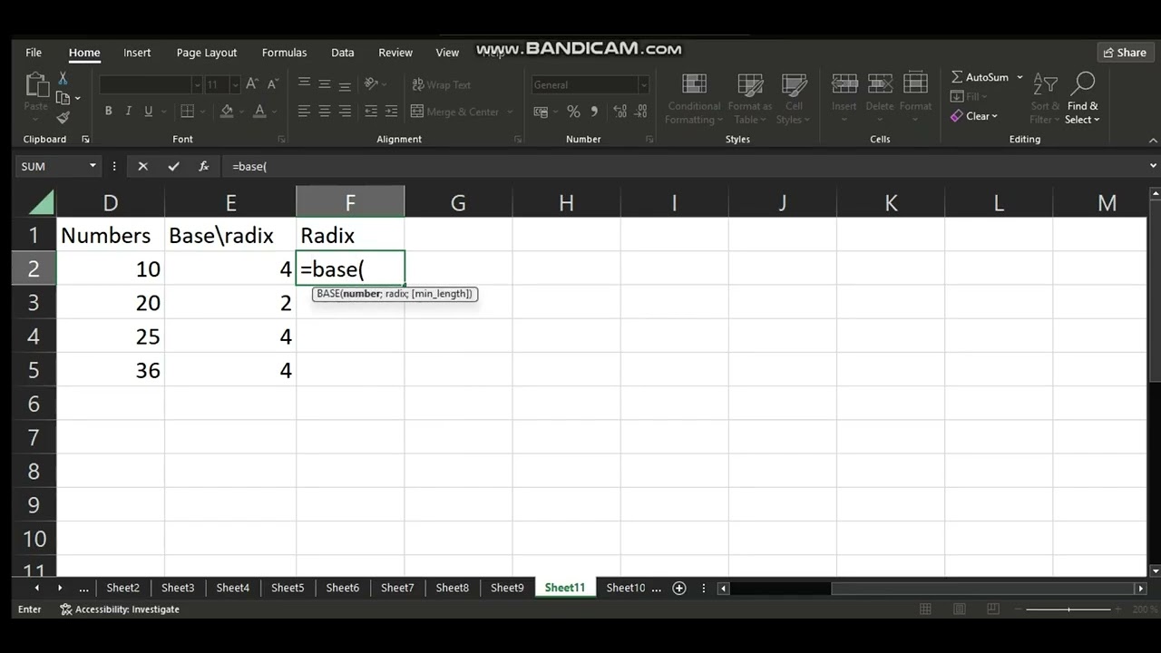 How to use BASE function in Excel