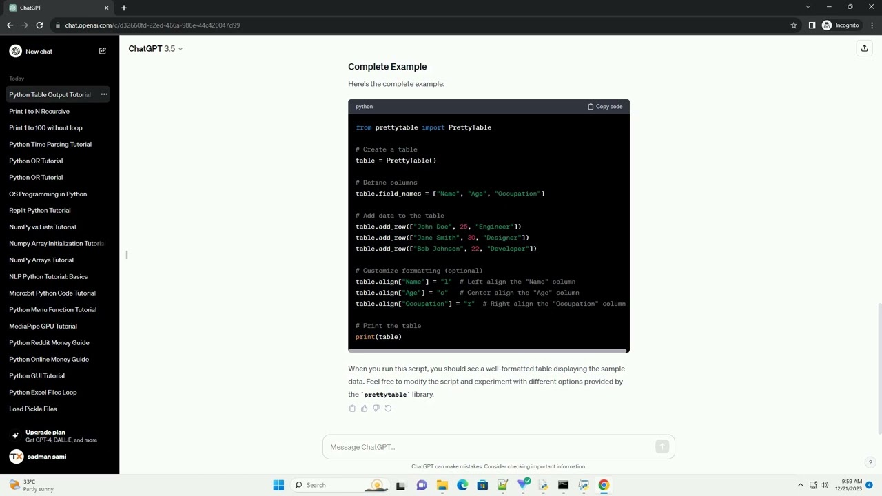 print output in table format python