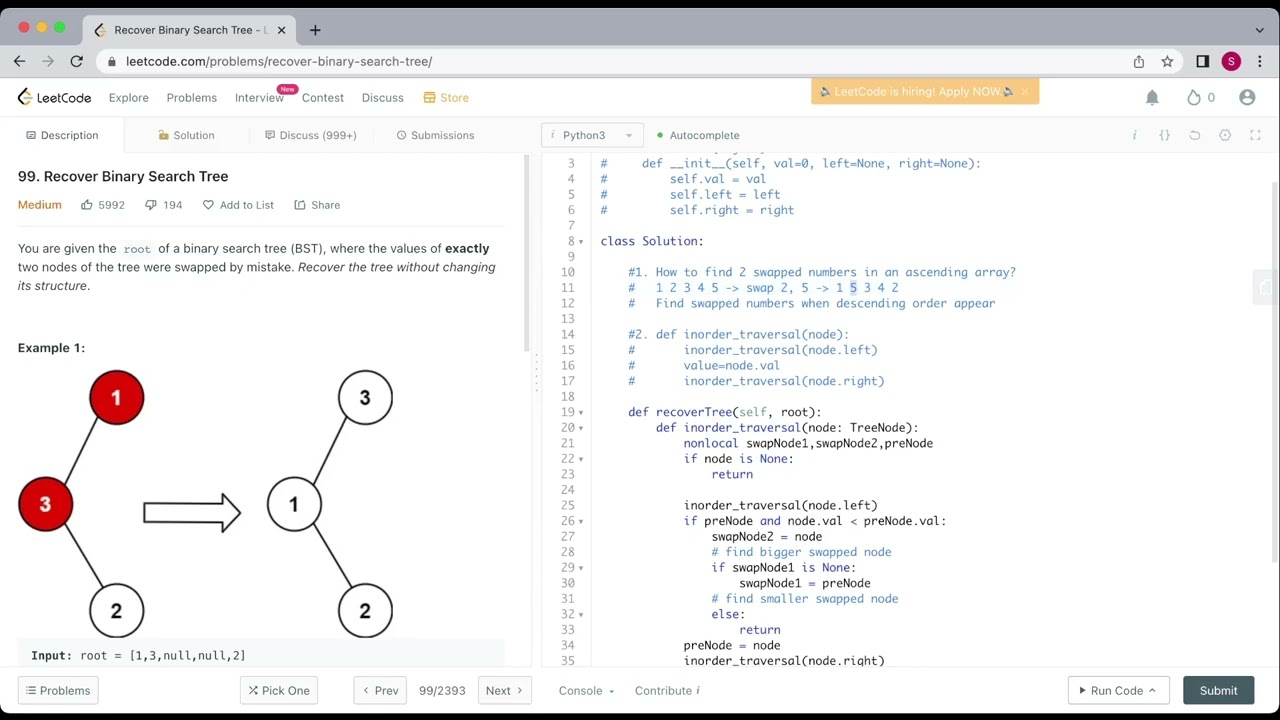 LeetCode 99: Recover Binary Search Tree (python recursion solution)