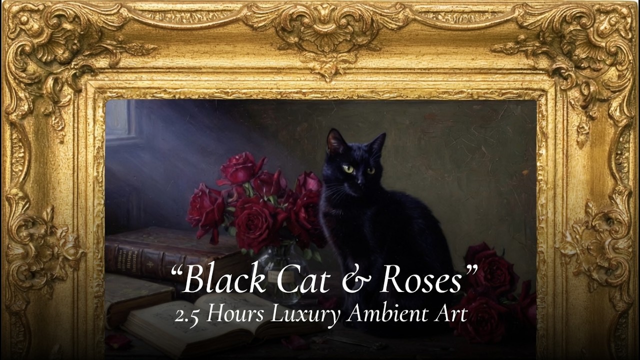 Elegant Black Cat & Red Roses Still Life | Gold Frame TV Art 4K | Luxury Moody Wallpaper (2.5 Hrs)