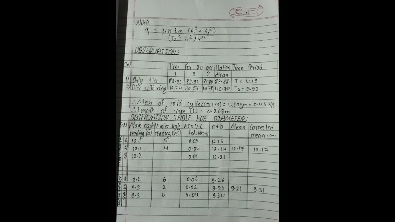 B.Sc. 1 year. Torsion Pendulum experiment of module of rigidity of wire.