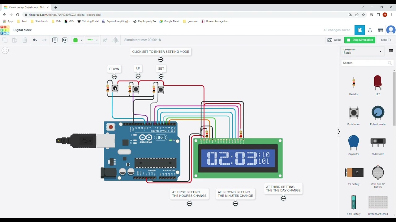 Circuit design Digital clock Tinkercad