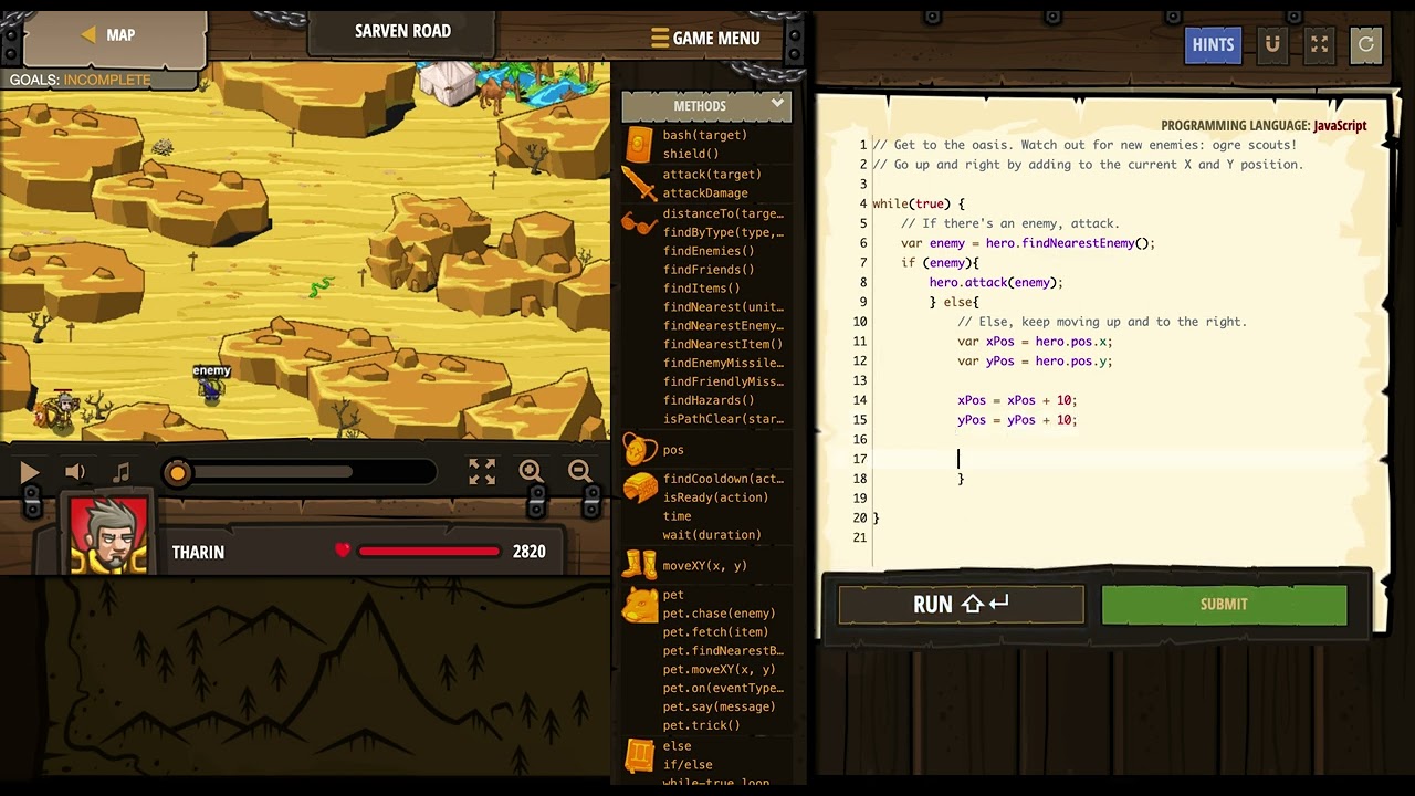 CodeCombat - Sarven Road - JavaScript