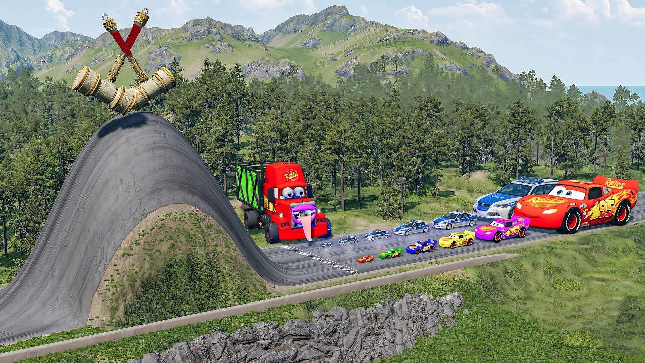 Big & Small McQueen & Police Car vs Zombie Mack, Giant Bulge & Hammer Downhill Race – BeamNG.drive