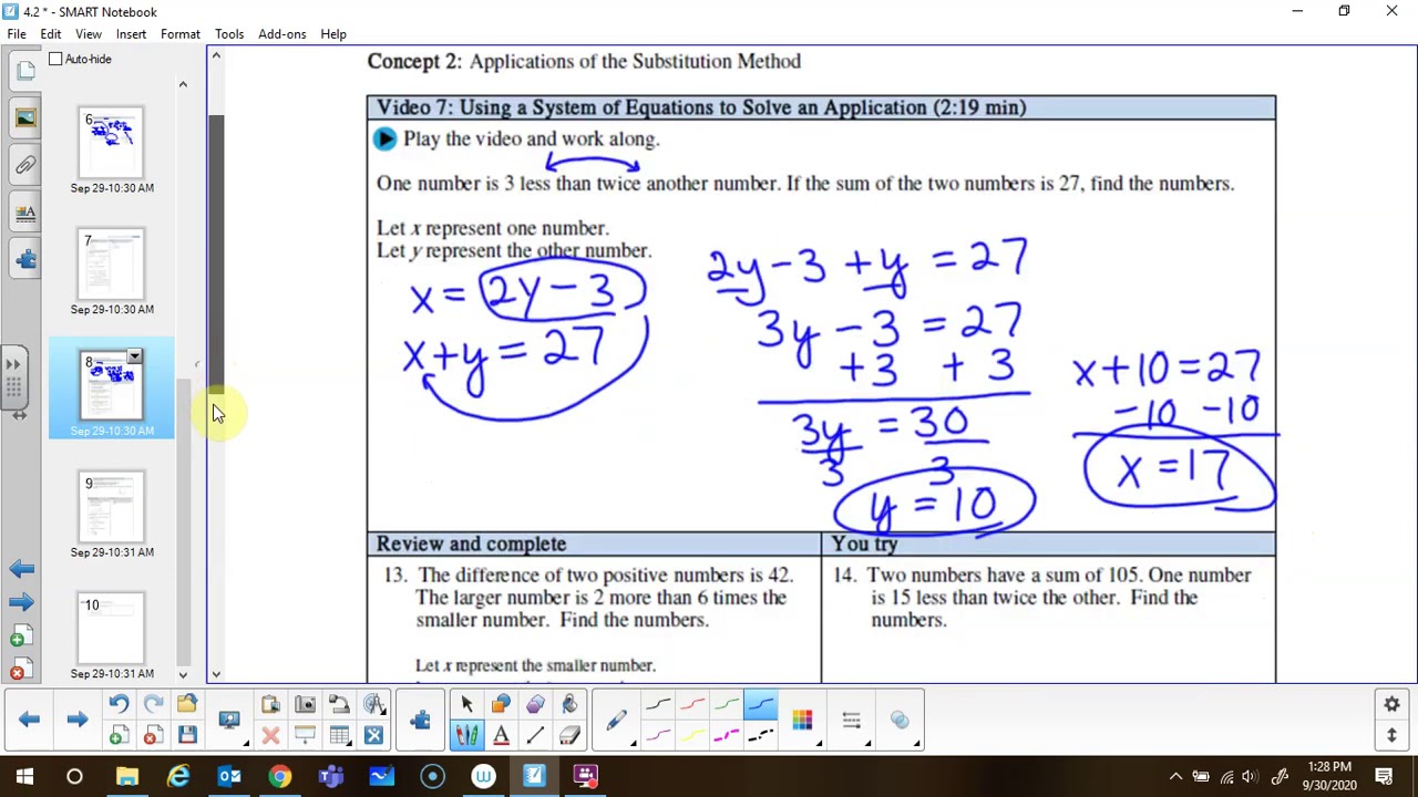Sum and Difference word problems using Substitution
