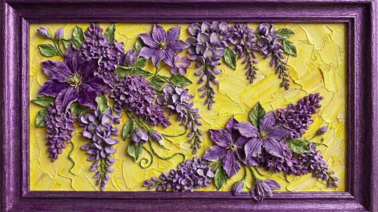 Purple Cascading Flowers on Yellow Abstract wallpaper screensaver or framed TV art | flores moradas
