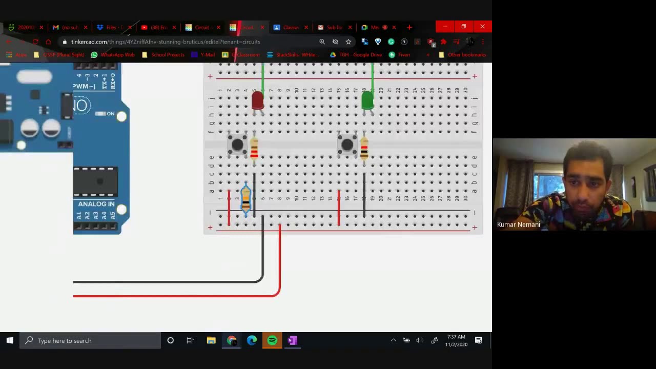 2 Buttons + 2 LED's | Lesson 2.13 | Circuit Theory | Tinker Cad | STEAM Tutorials by Kumar Nemani