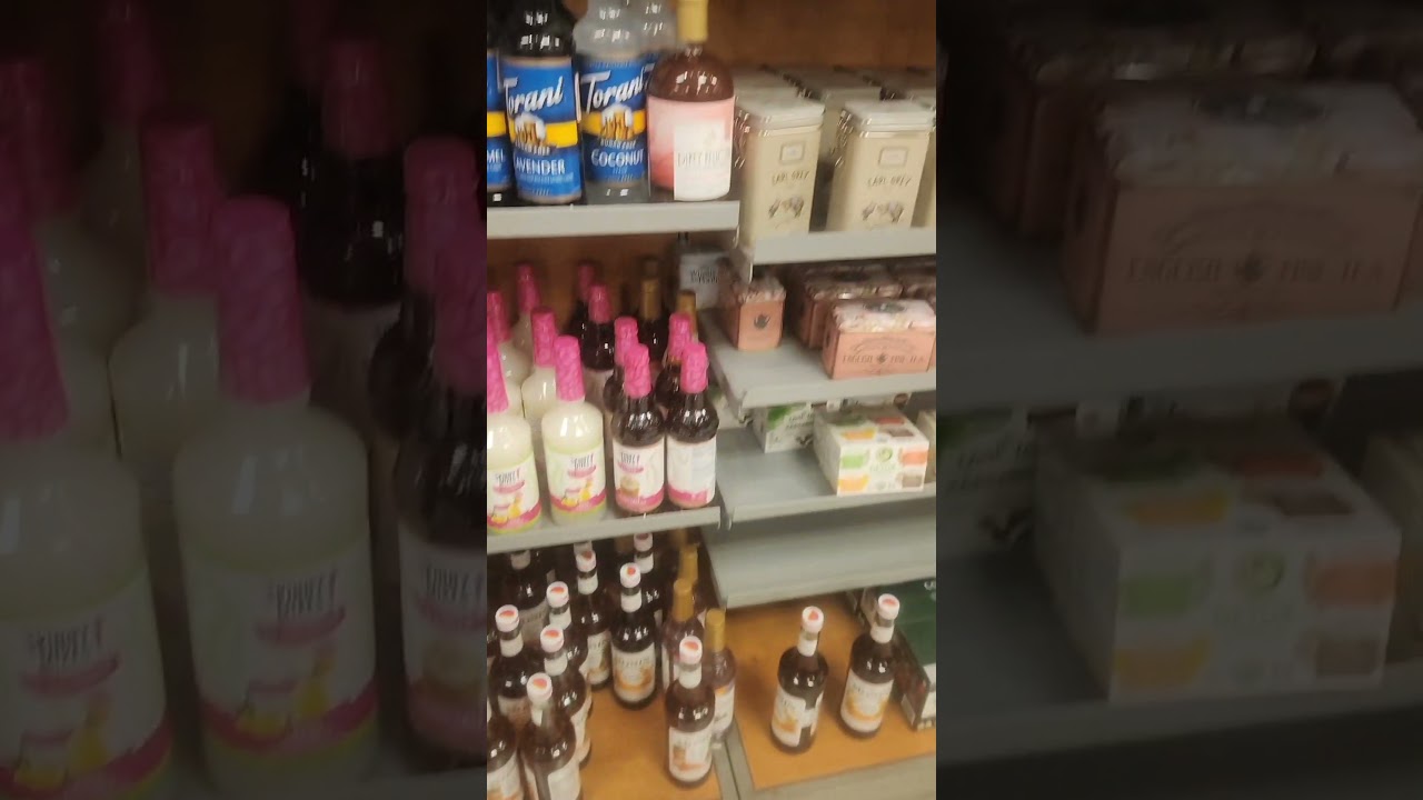 the flavored syrup glass and plastic bottles lineup TJ Maxx Bristol Street in California (2/20/2025)