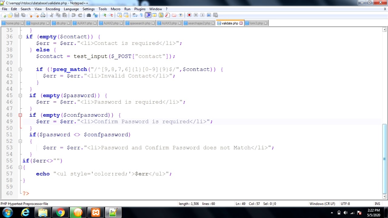 Form validation using php and ajax