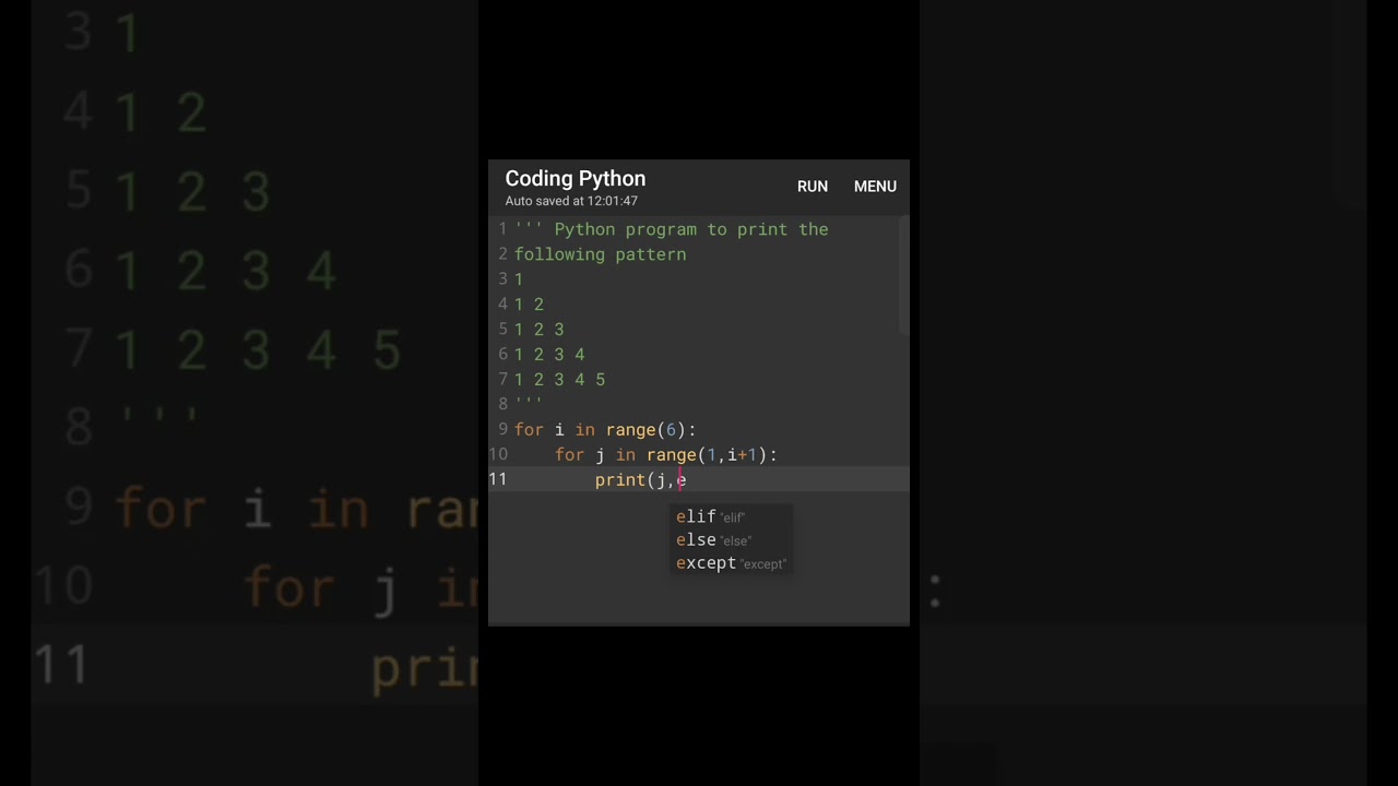Python program to print number pattern using nested loop#ytshorts #pythontutorialforbeginners