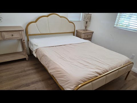 Metal Full Bed Frame, with Upholstered Headboard and Footboard, Gold and White |QUICK OVERVIEW|