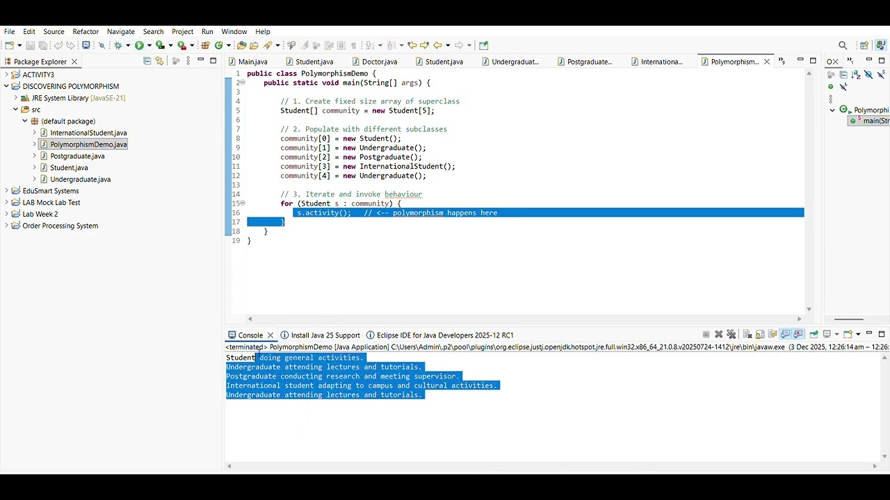 eclipse workspace   DISCOVERING POLYMORPHISM src Student java   Eclipse IDE 2025 12 03 00 23 50